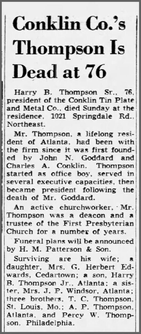 1953 Harry Thompson Sr. Obituary – Conklin Metal Industries
